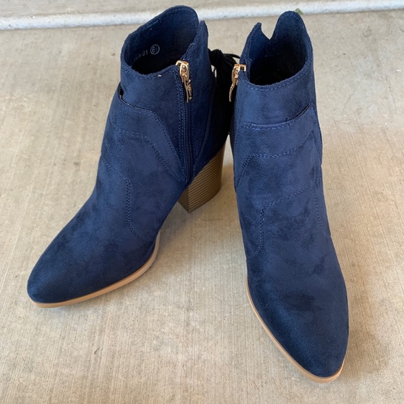 Shoes | Navy Blue Stacked Heel Vegan Leather Bootie | Poshmark